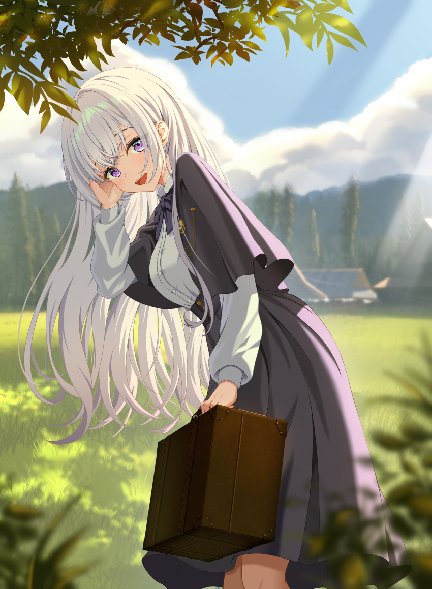 Safebooru - 1girl :d absurdres black bow black bowtie black capelet black skirt blue sky bow ...