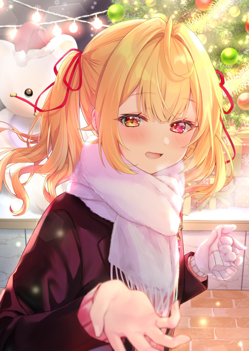 Safebooru - 1girl blonde hair blush gloves hair ribbon heterochromia highres holding holding ...