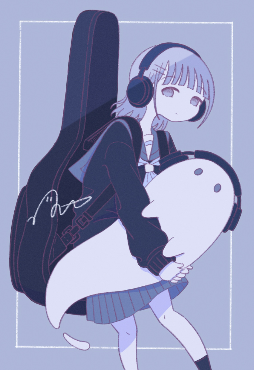 Safebooru - 1girl black shirt closed mouth commentary feet out of frame ghost guitar case ...