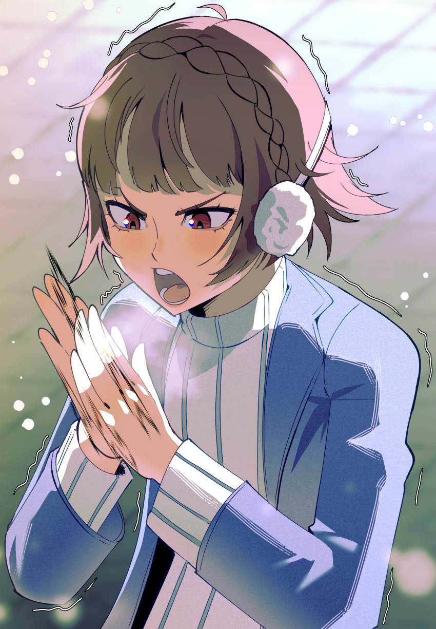 Safebooru - 1girl absurdres blue coat braid brown hair coat cold crown braid earmuffs gjh ...