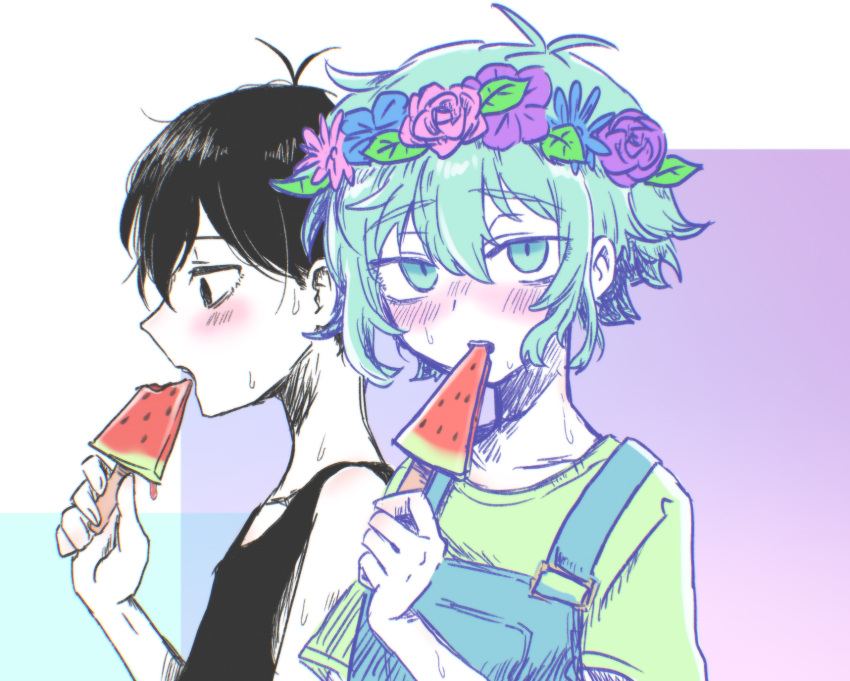 Safebooru - 2boys antenna hair aqua eyes aqua hair basil (headspace) (omori) basil (omori) black ...