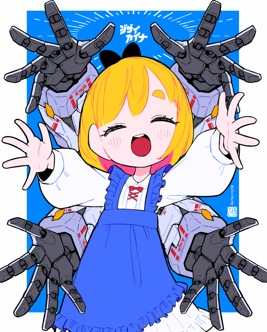 Safebooru - 1girl :d absurdres apron asymmetrical bangs black bow blonde hair blue apron blue ...