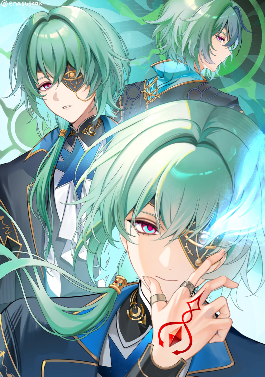 Safebooru - 1boy absurdres anaxa (honkai: star rail) aqua eyes aqua hair ascot black jacket ...