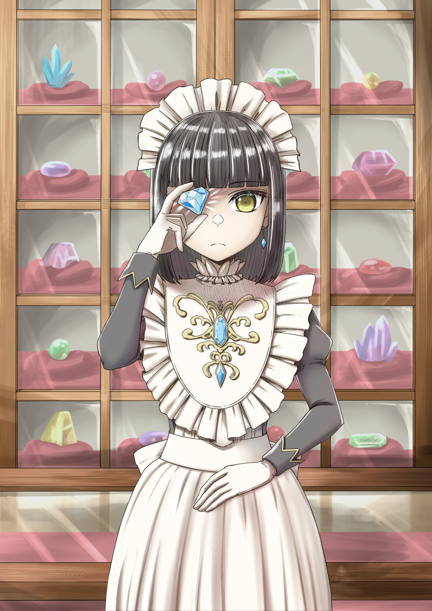 Safebooru - 1girl absurdres apron black dress black hair blunt bangs cabinet covering one eye ...