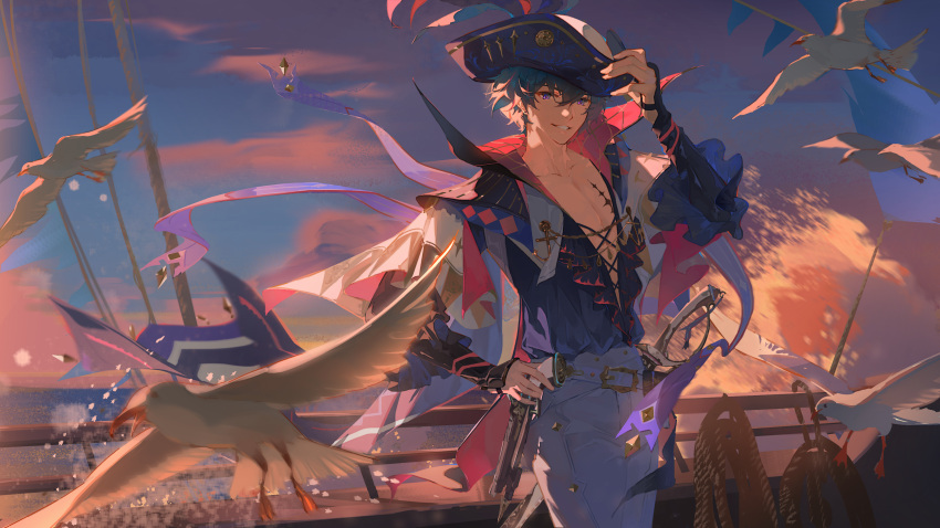 Safebooru - 1boy absurdres belt bird blue shirt brant (wuthering waves) grin gunbelt hand on own ...