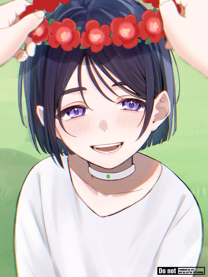 Safebooru - 2girls alien stage black hair bob cut choker commentary request dress grass highres ...