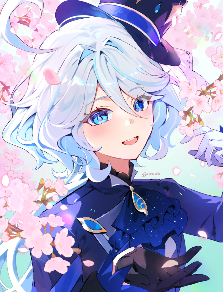 Safebooru - 1girl absurdres ahoge ascot asymmetrical gloves azna black gloves blue ascot blue ...