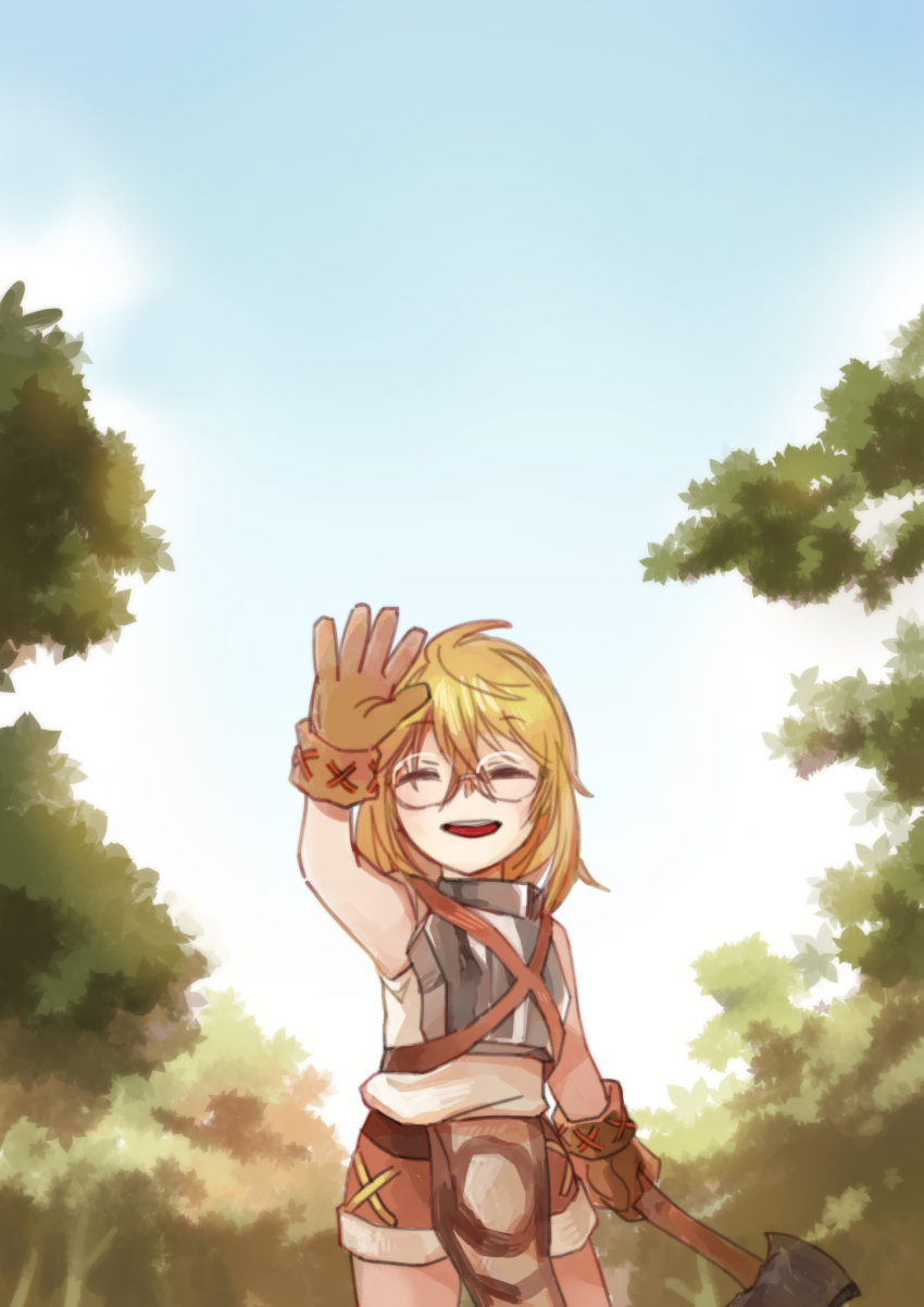 Safebooru - 1girl armor axe blonde hair blue sky breastplate brown gloves brown shorts clear sky ...