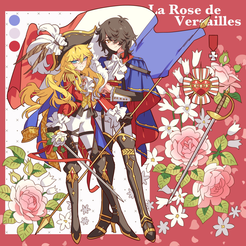 Safebooru - 1boy 1girl andre grandier ascot black gloves black shoes blonde hair blue capelet ...