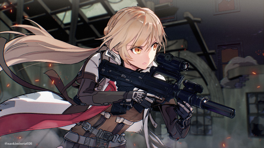 Safebooru - 1girl aiming assault rifle black gloves blonde hair coat ...
