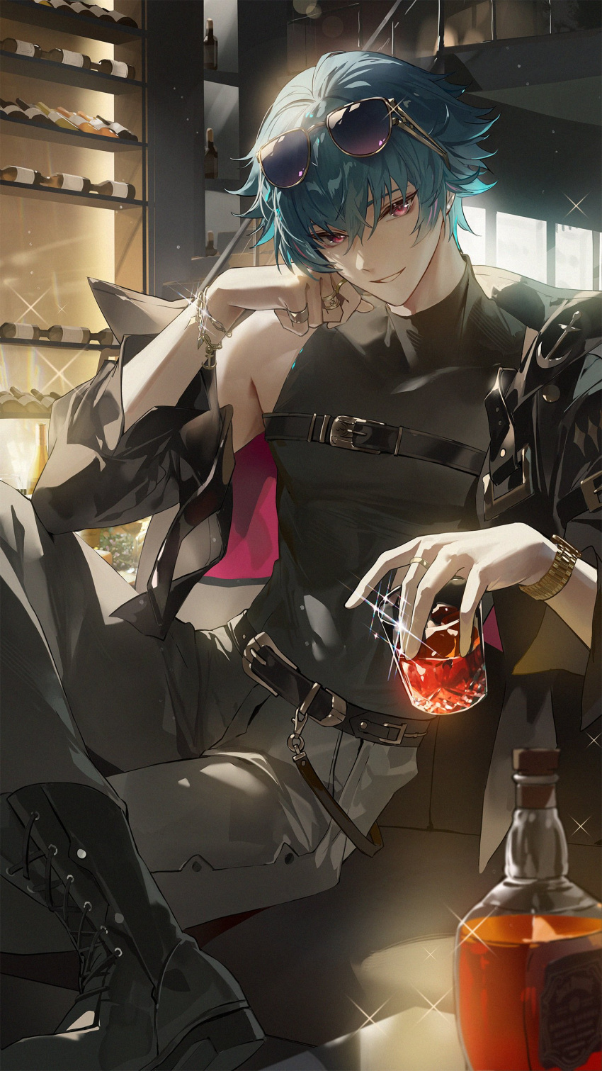 Safebooru - 0jae 1boy absurdres alternate costume black jacket black pants black shirt blue hair ...