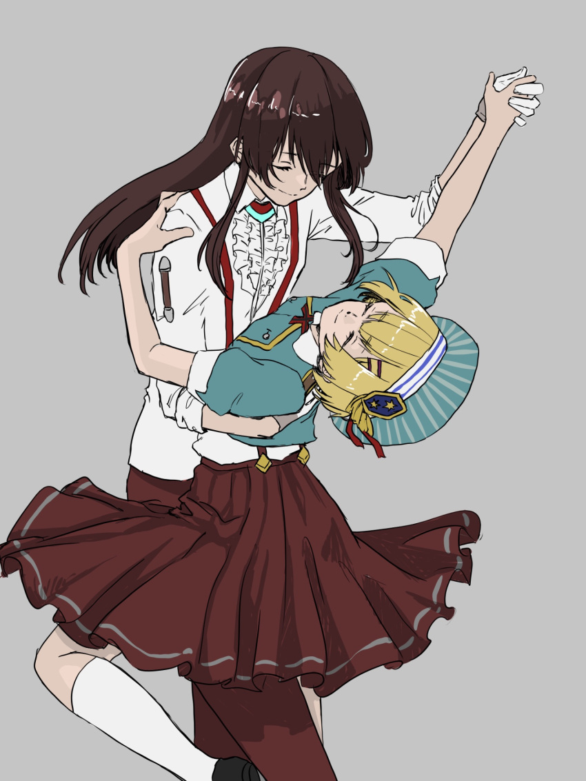 Safebooru - 2girls black hair blonde hair brown hair dancing green eyes hand on another's back ...