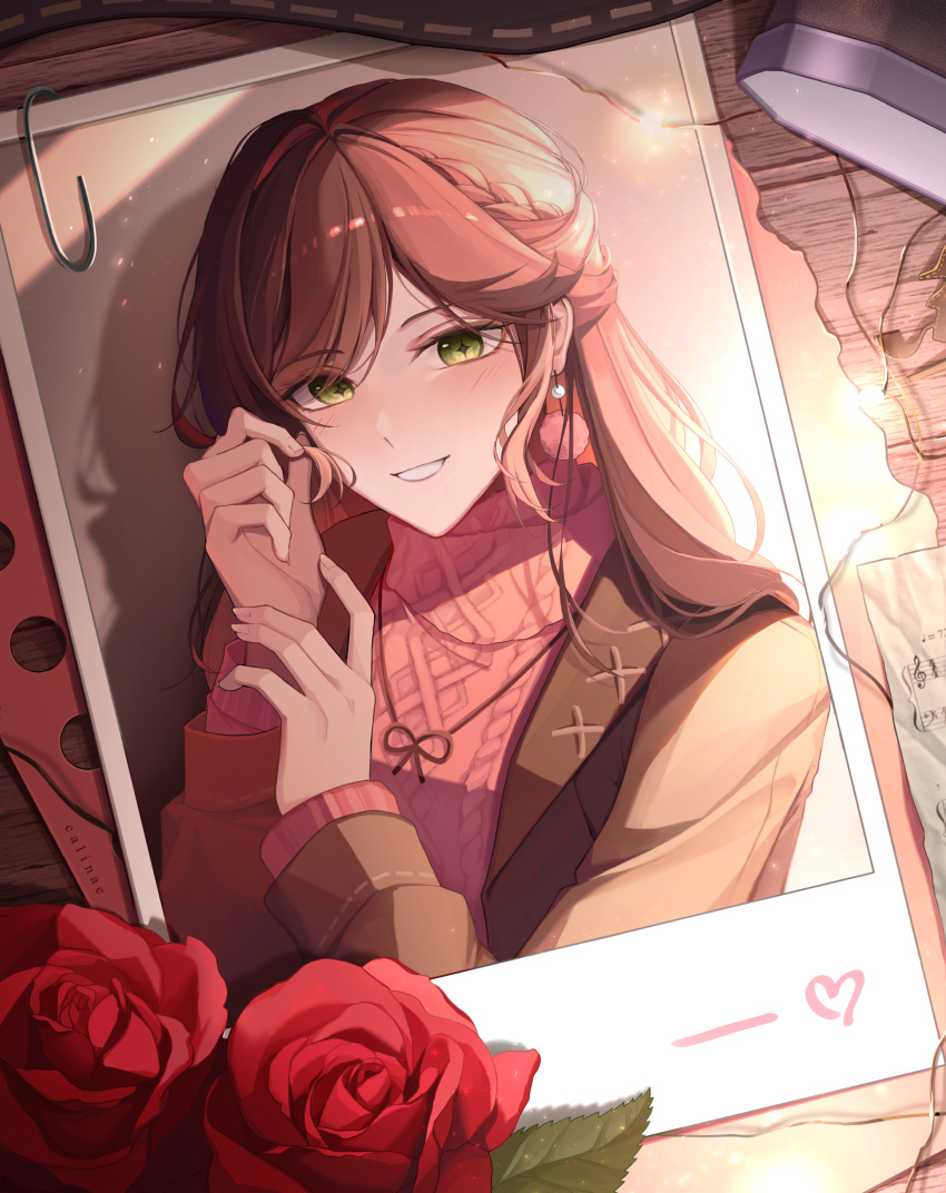 Safebooru - 1girl absurdres aran sweater brown hair brown jacket cable ...