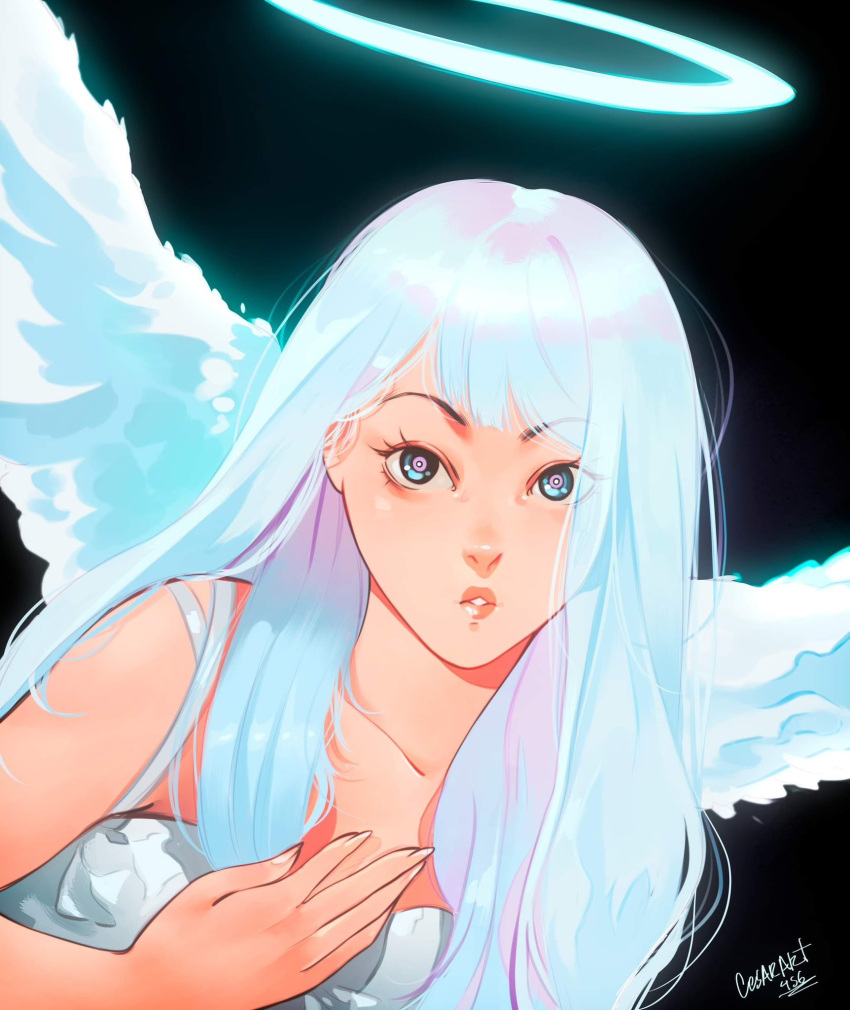 Safebooru - 1girl angel angel wings black background cesar art456 dress halo highres original ...