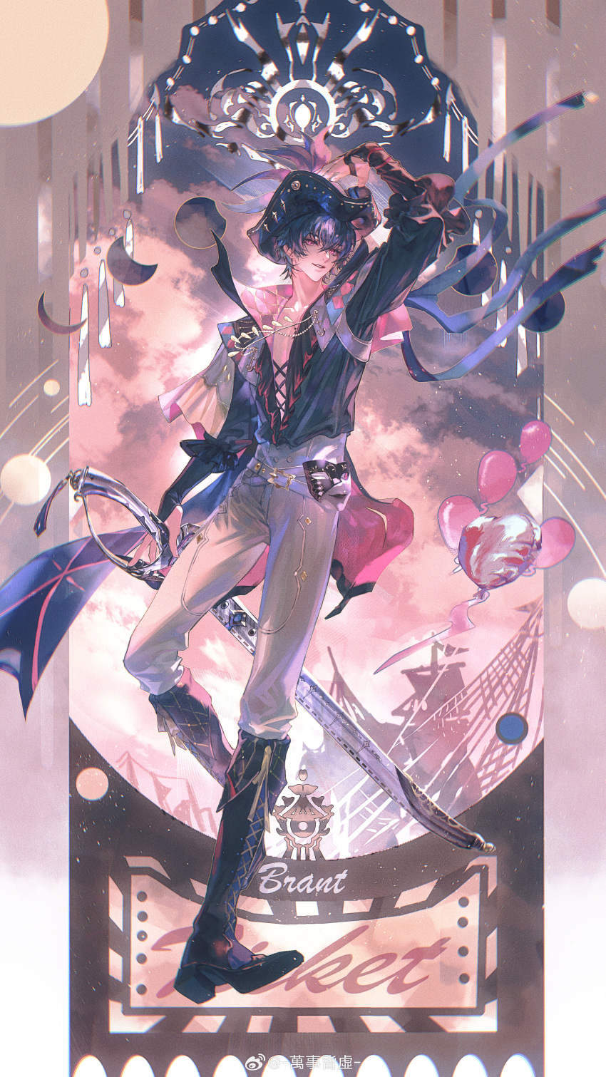 Safebooru - 1boy absurdres arm up black boots blue hair blue shirt boots brant (wuthering waves ...