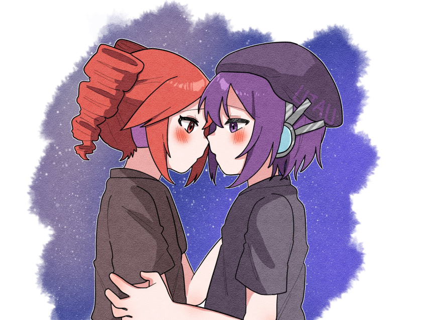 Safebooru - 2girls alternate costume beret black shirt blush commentary ...