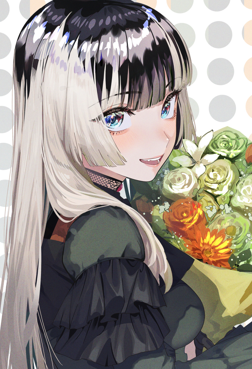 Safebooru - 1girl :d black hair blonde hair blue eyes blunt bangs blush bouquet breasts frills ...