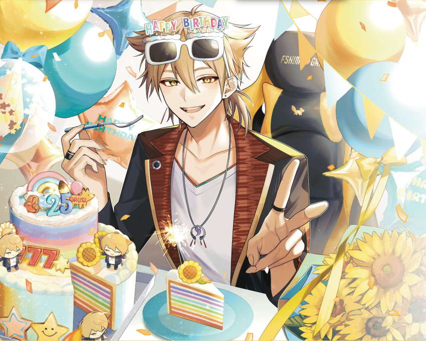 Safebooru - 1boy :d ahoge balloon birthday birthday glasses black ...