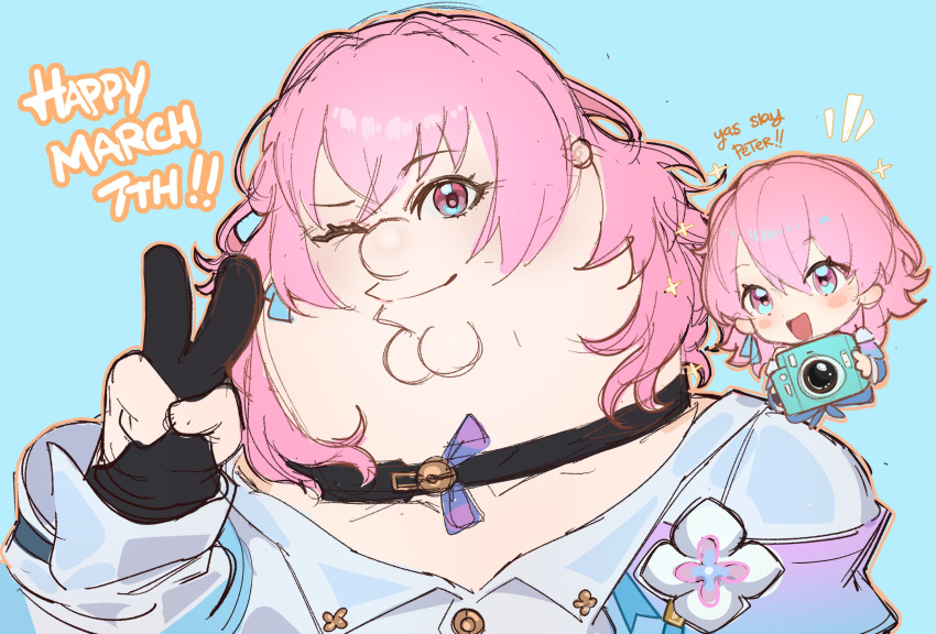 Safebooru - 1boy 1girl ;) black choker black gloves blue background blue eyes camera chibi ...