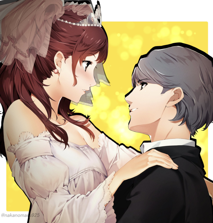 Safebooru - 1boy 1girl blush breasts bridal veil brown eyes commission detached sleeves dress ...