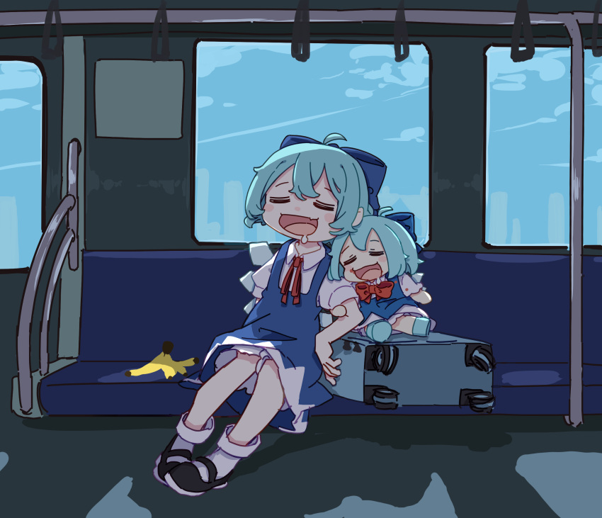 Safebooru - 2girls absurdres banana peel black shoes bloomers blue bow blue dress blue hair bow ...