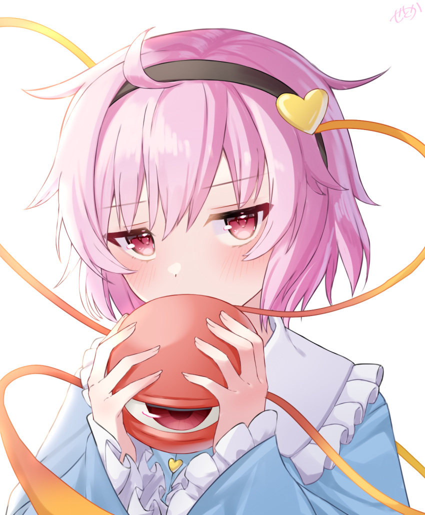 Safebooru - 1girl ahoge amakusa setoka black hairband blouse blue shirt blush buttons collared ...