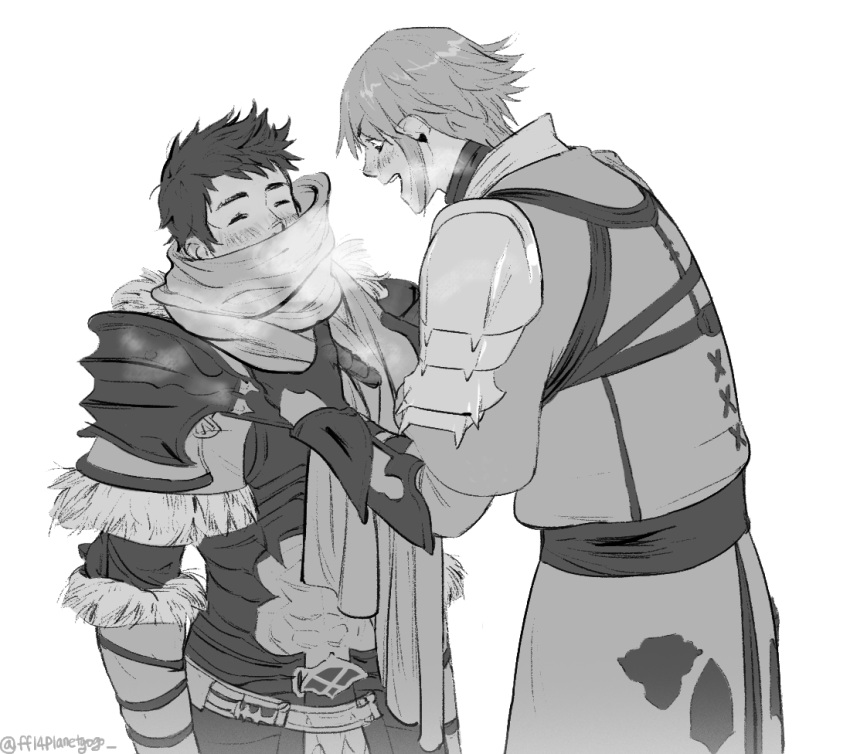 Safebooru - 2boys ardbert hylfyst arm up armor belt blush closed eyes ...