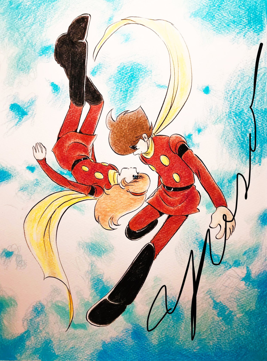 Safebooru - 0j flz 1boy 1girl ahoge belt black boots blonde hair blue eyes boots brown hair coat ...