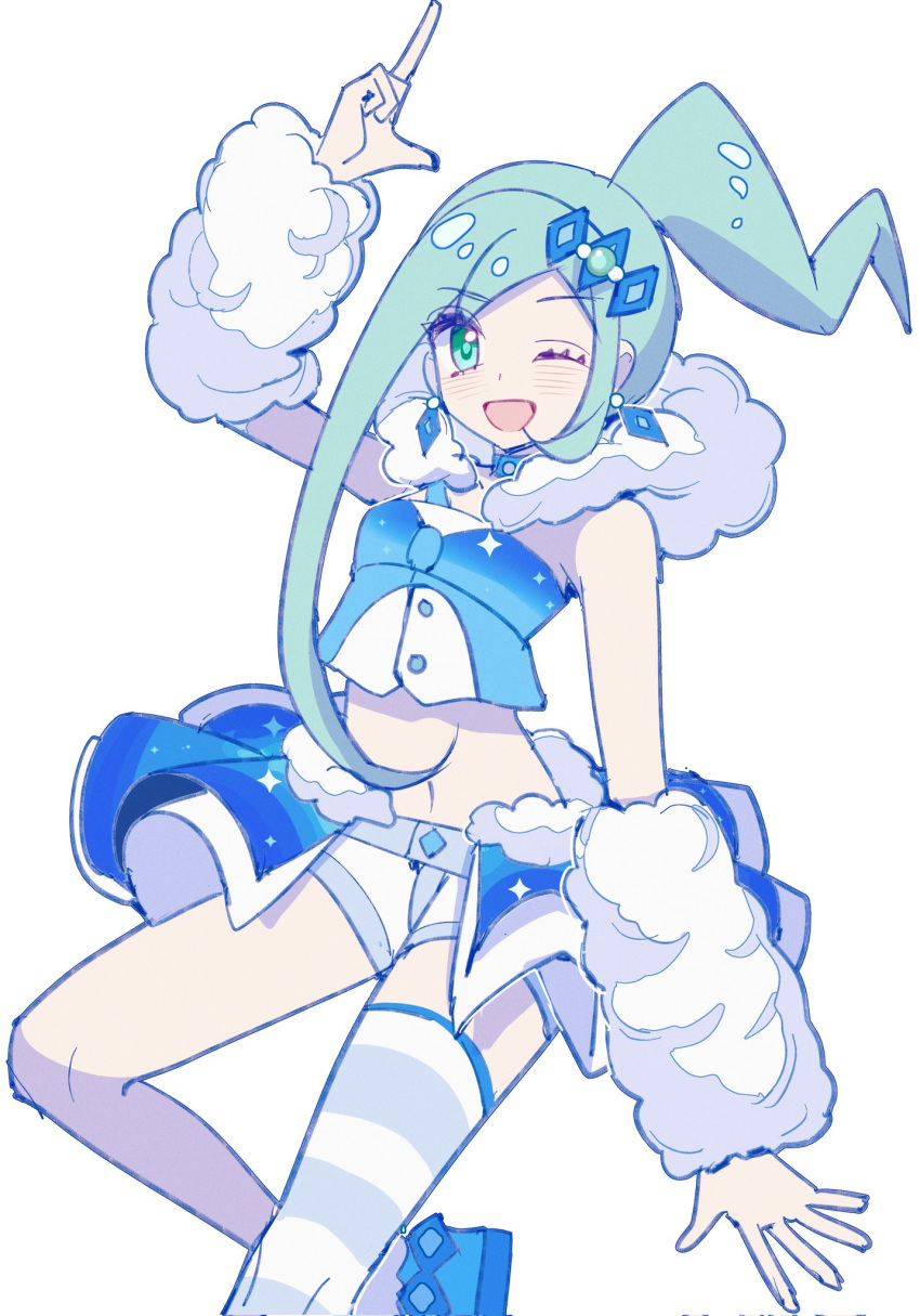 Safebooru - 1girl arm warmers blue boots blue choker boots choker fluffy green eyes green hair ...