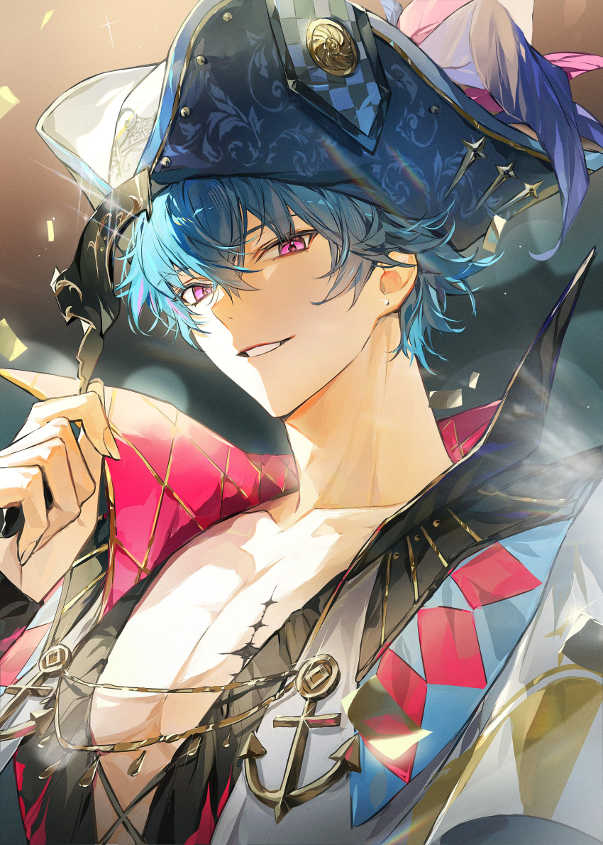 Safebooru - 1boy :d absurdres anchor ornament bishounen blue hair brant (wuthering waves ...