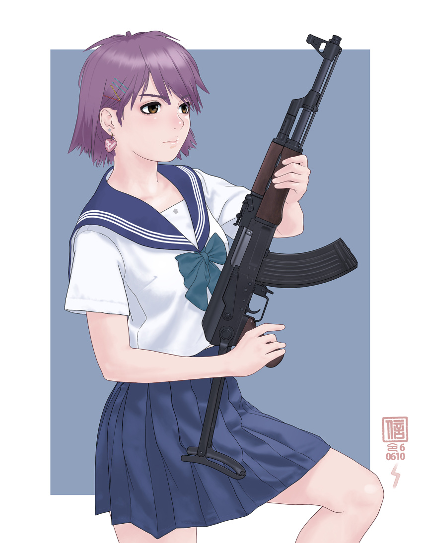 Safebooru - 1girl ak-74 aks-74 assault rifle blue background blue serafuku blue skirt border bow ...