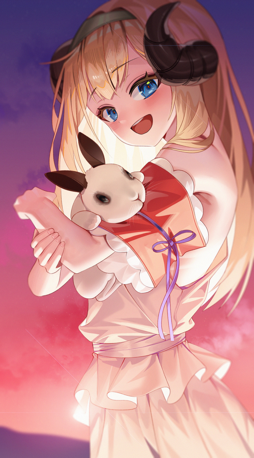 Safebooru - 1girl absurdres armband black horns blonde hair blue eyes character request ...