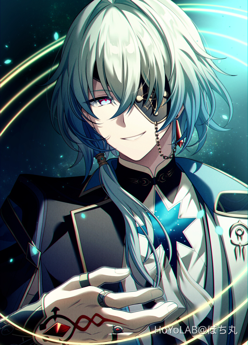 Safebooru - 1boy anaxa (honkai: star rail) aqua eyes black jacket blue hair earrings eyepatch ...