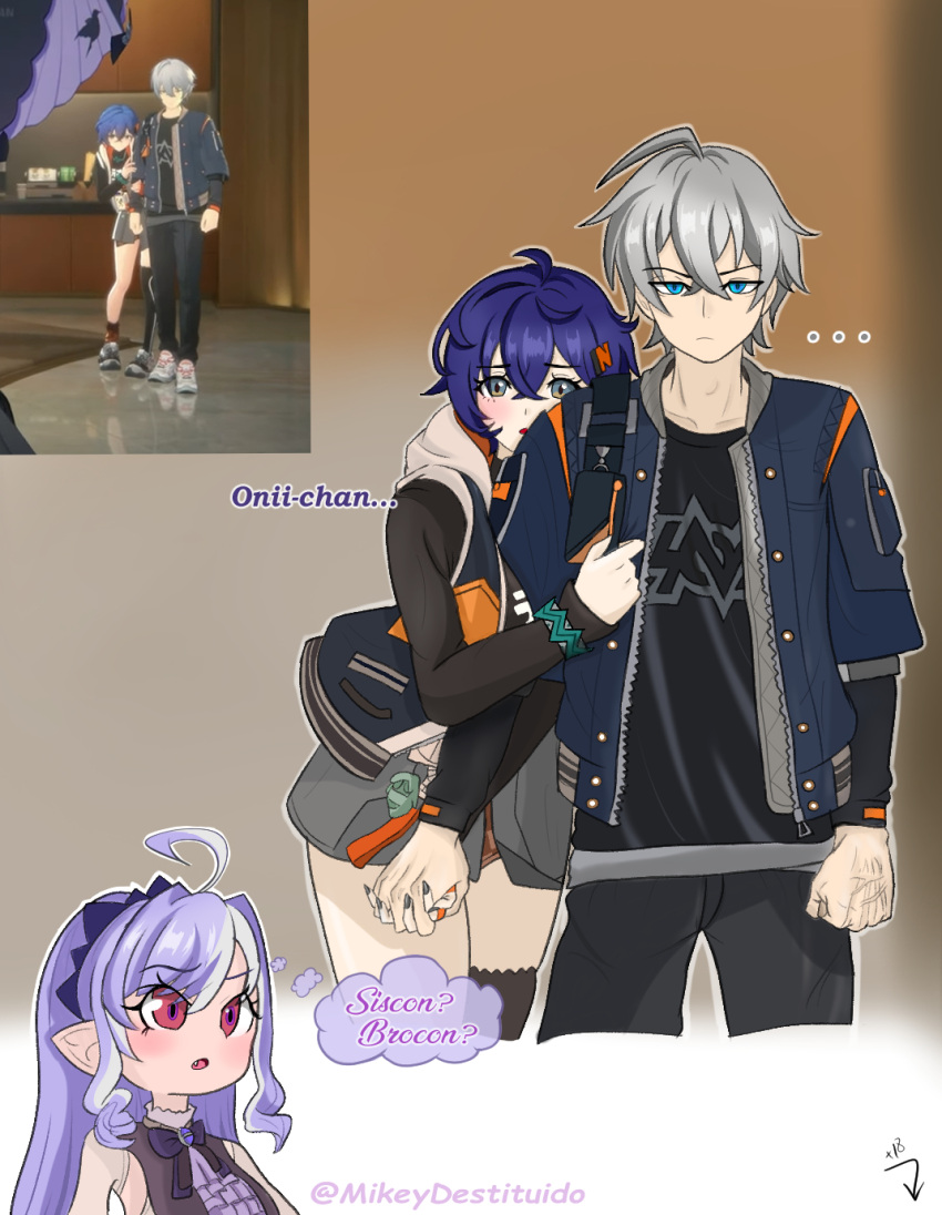 Safebooru - 1boy 2girls :o artist name belle (zenless zone zero) black jacket black pants black ...