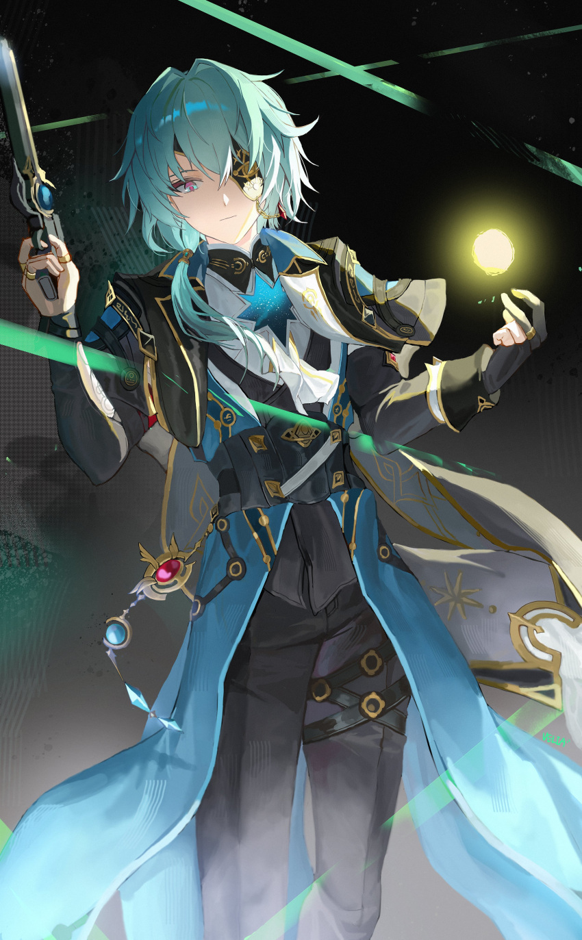 Safebooru - 1boy absurdres anaxa (honkai: star rail) aqua eyes aqua hair ascot black capelet ...