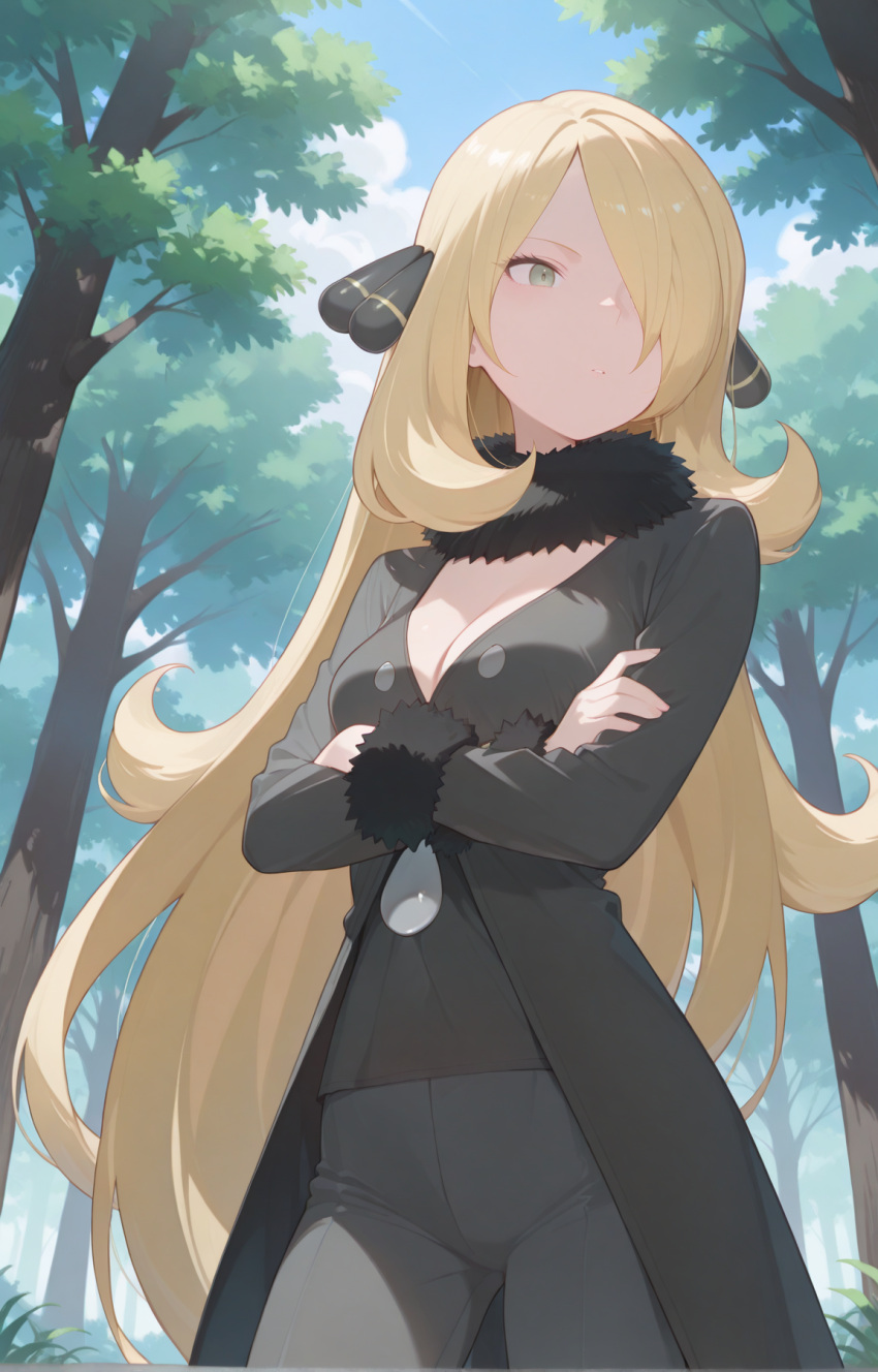Safebooru - black coat blonde hair coat crossed arms cynthia (pokemon) forest grey eyes highres ...