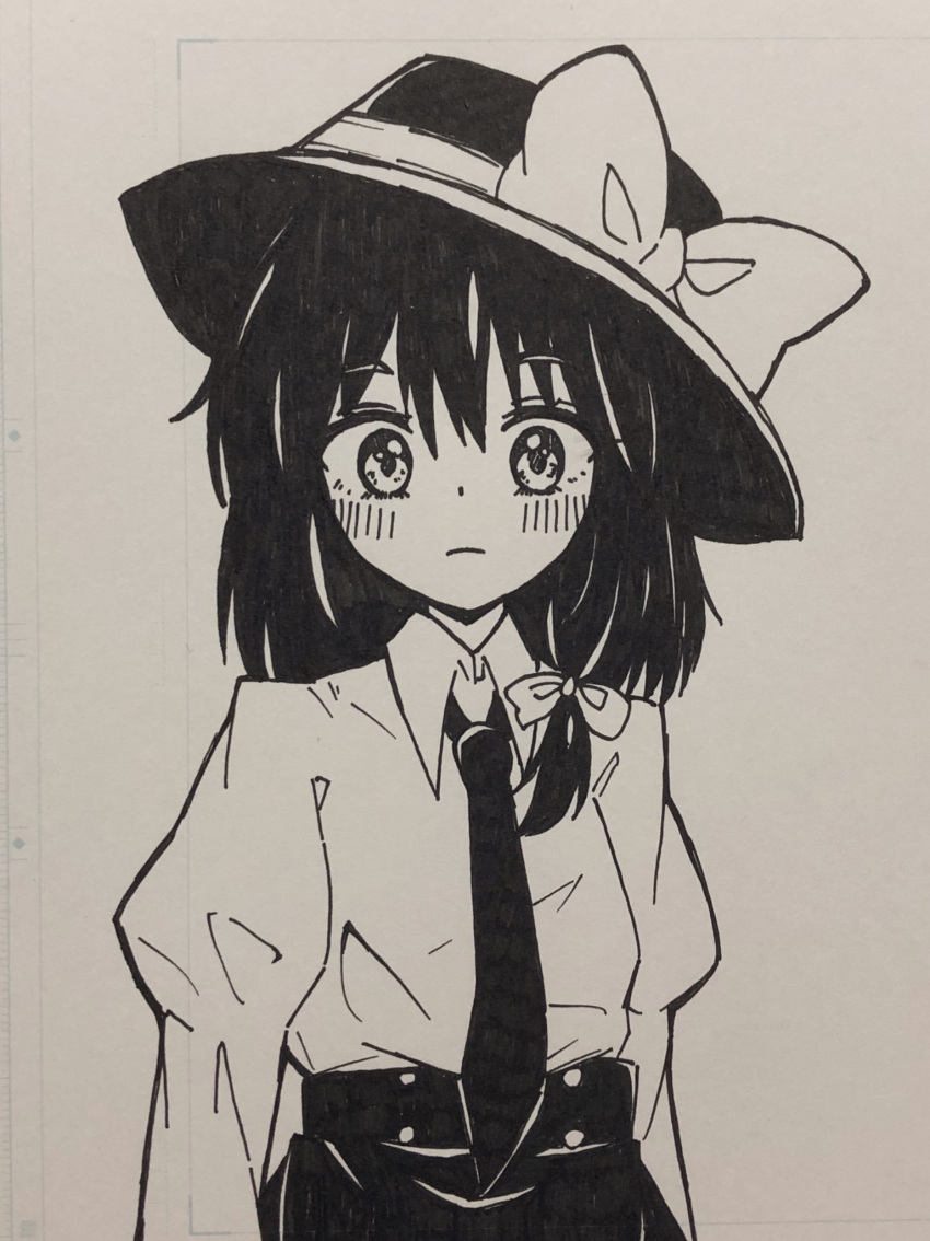 Safebooru - 1girl blush bow closed mouth collared shirt commentary request fedora greyscale hair ...