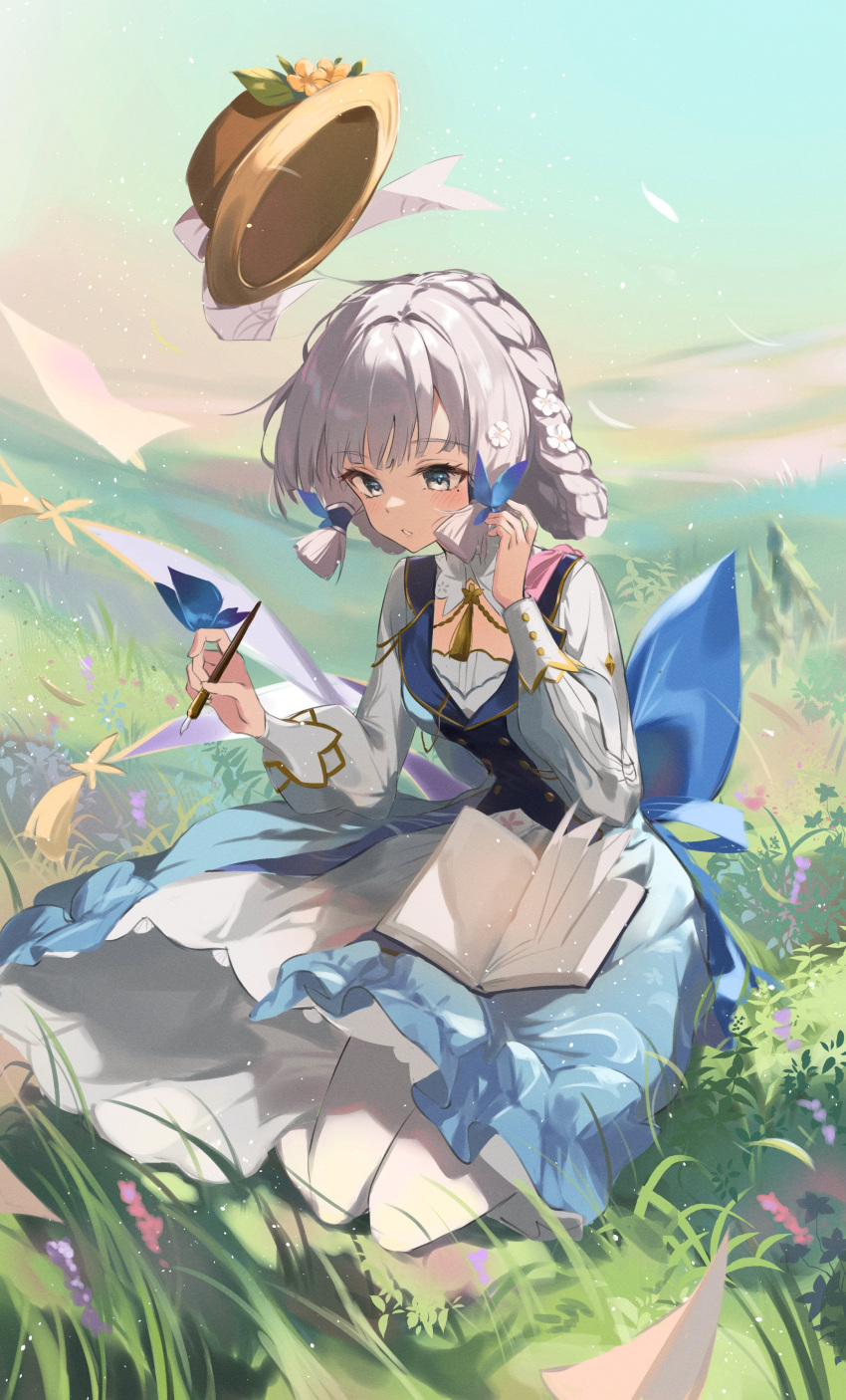 Safebooru - 1girl absurdres blue dress blue eyes blue flower blunt tresses book braid braided ...