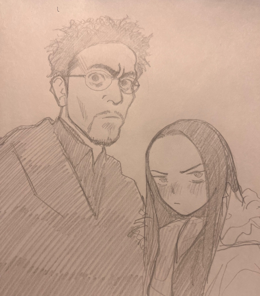 Safebooru - 1boy 1girl beard coat facial hair forehead glasses graphite (medium) greyscale ...