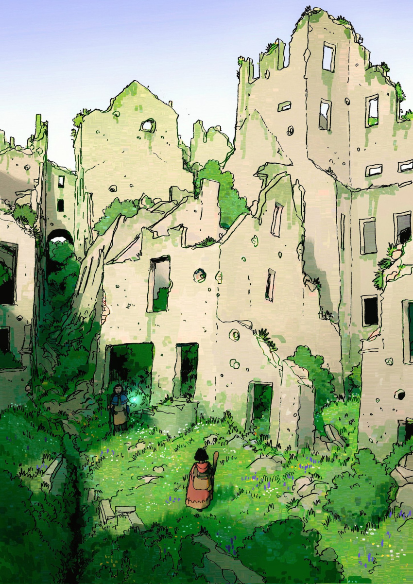 Safebooru - 2girls abandoned alariko blue sky building bush day grass ...