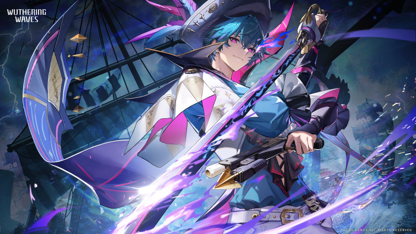 Safebooru - 1boy absurdres asymmetrical dual wielding blue hair blue shirt brant (wuthering ...