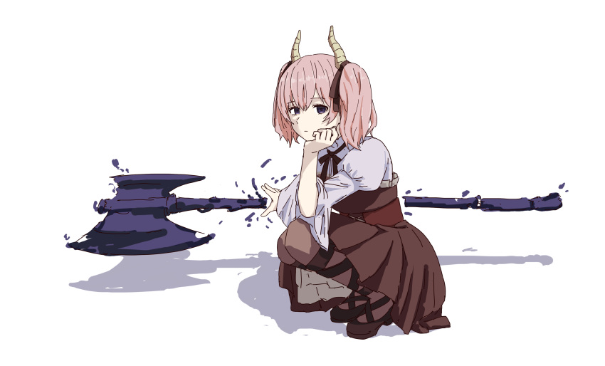 Safebooru - 1girl absurdres axe brown shoes brown skirt hand up highres ...