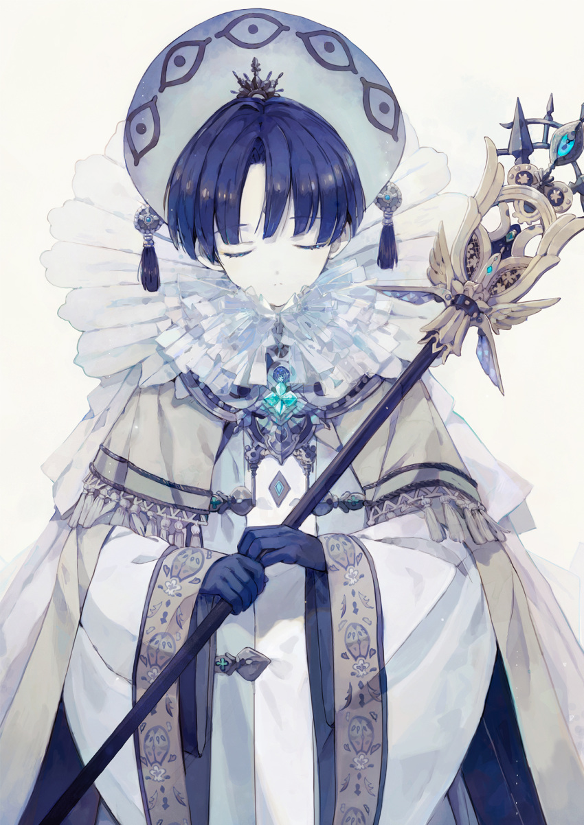 Safebooru - 1boy bishounen black gloves blue hair blunt ends brooch cape closed eyes closed ...