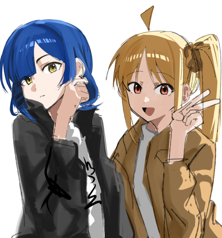Safebooru - 2girls ahoge black jacket blonde hair blue hair bocchi the rock! brown jacket ...