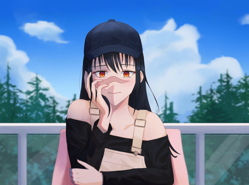 Safebooru - 1girl bare shoulders black hair black hat black shirt blue ...