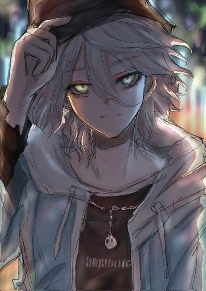 Safebooru - 1boy black shirt blurry blurry background brown hat closed ...