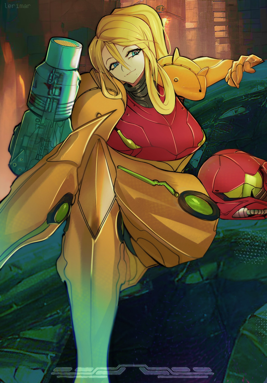 Safebooru - 1girl absurdres arm cannon armor blonde hair blue eyes brown background closed mouth ...