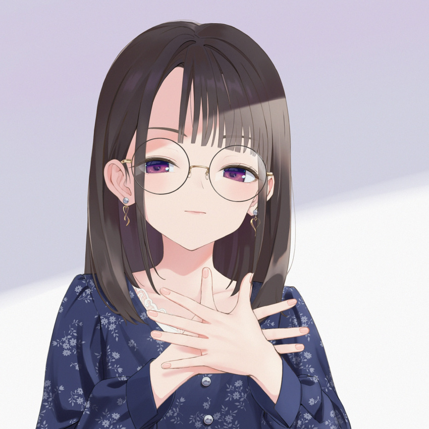 Safebooru - 1girl black-framed eyewear blue shirt brown hair closed mouth commentary request ...