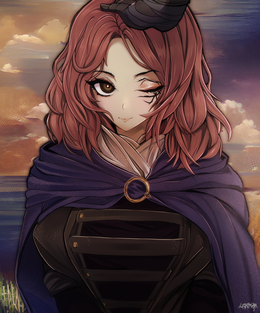 Safebooru - 1girl 1other absurdres armor black shirt blue cape blue sky breastplate breasts ...