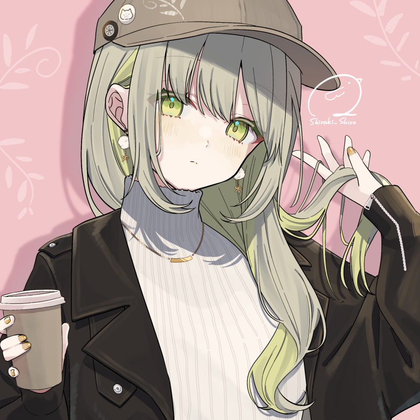 Safebooru - 1girl artist name baseball cap black jacket blush brown hat commentary cup ...